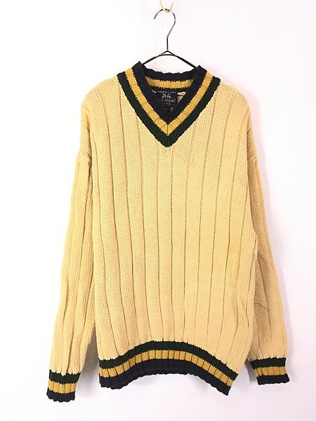 古着 90s Willis& Vネック ボーダー チルデン スクール ローゲージ コットン ニット セーター M