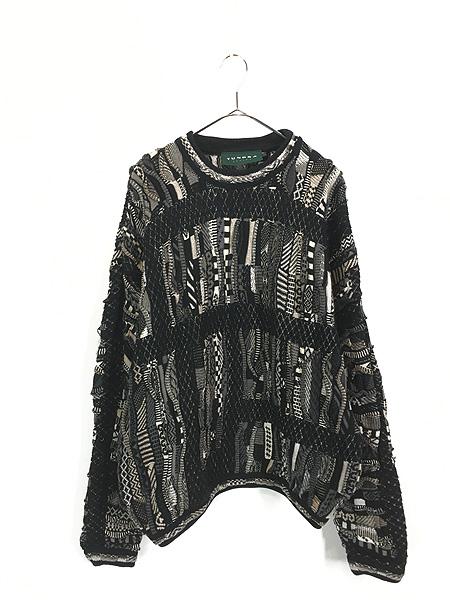 古着 90s 製 TUNDRA 3D ランダム ボーダー コットン ニット セーター L 古着