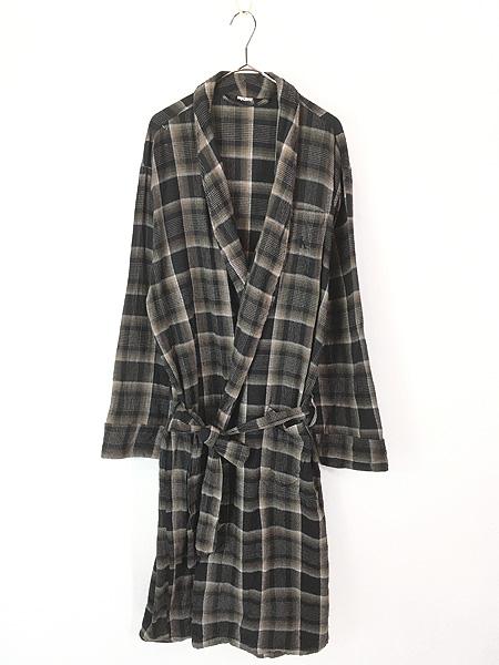 古着 90s CK   好配色 ブラック チェック フランネル コットン ガウン コート L/XL