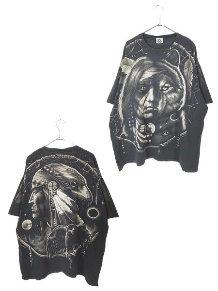 古着 90s LIQUID BLUE インディアン ウルフ イーグル オールオーバー Tシャツ XXL位 古着