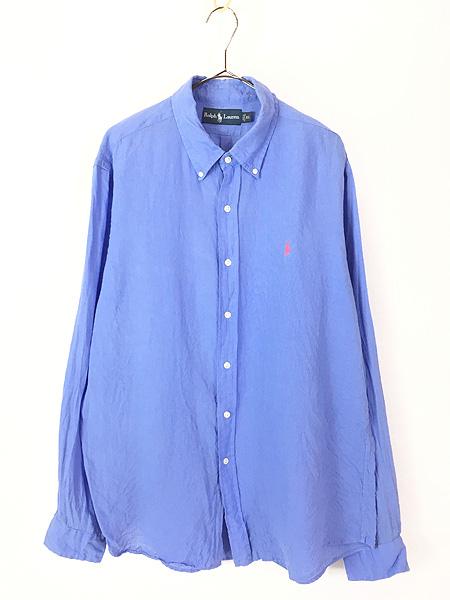 古着 90s Ralph Lauren ワンポイント ソリッド 100% リネン BD シャツ 水色 XL 古着