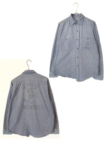 古着 60s Sanforized スタンプ 「BLUE JAYS」 染み込み 100%コットン ミミ付 ブルー シャンブレー ワーク シャツ 15 1/2位