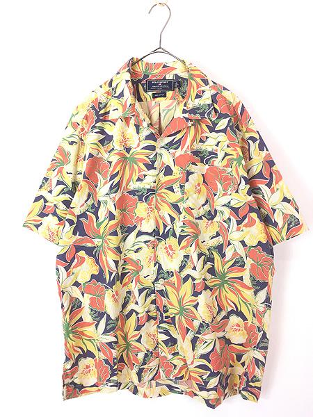 古着 90s POLO SPORT Ralph Lauren ハワイアン フラワー アート 半袖 開襟 ボックス シャツ XL 古着