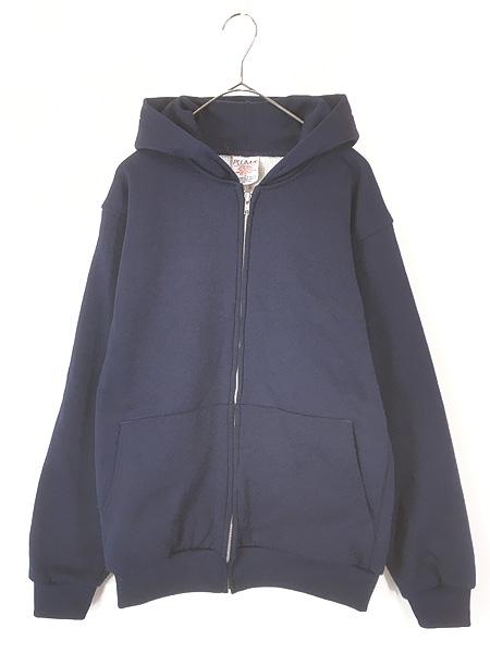古着 90s PLUMA 無地 ソリッド 裏サーマル セットイン スウェット ジップ パーカー ネイビー M