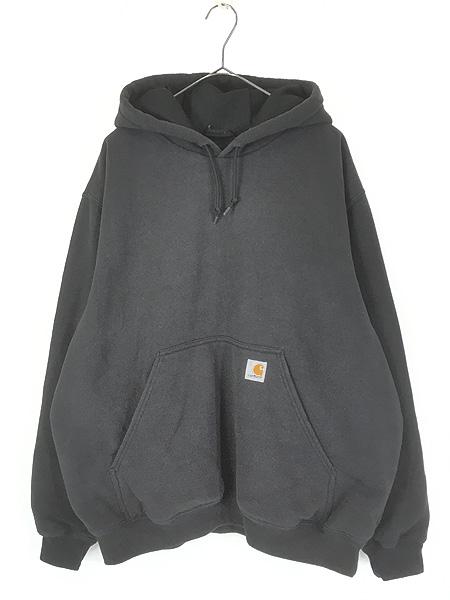 古着 00s Carhartt 裏地 メッシュ ワンポイント パッチ ソリッド スウェット パーカー 黒 L 古着