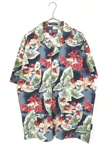 古着 90s CHAPS Ralph Lauren ボタニカル 花柄 レーヨン コットン 半袖 開襟 ボックス シャツ L 古着