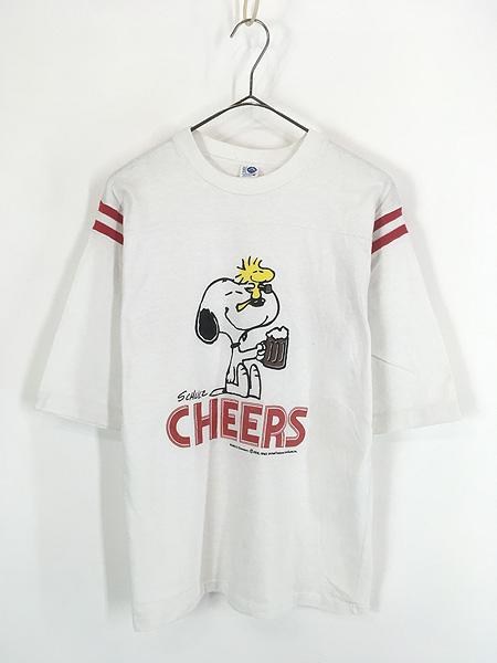 古着 80s USA製 Snoopy スヌーピー 「CHEERS」 フットボール Tシャツ 7分袖 M 古着