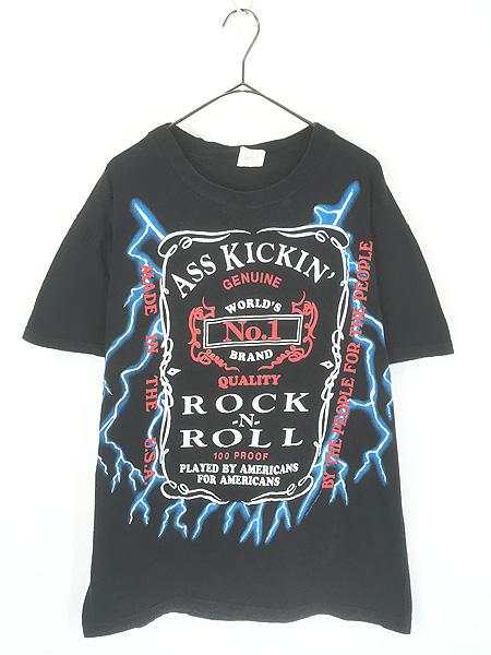 古着 90s American Thunder 「Ass Kickin' Rock N Roll」 パロディー ロック ミュージック サンダー Tシャツ L