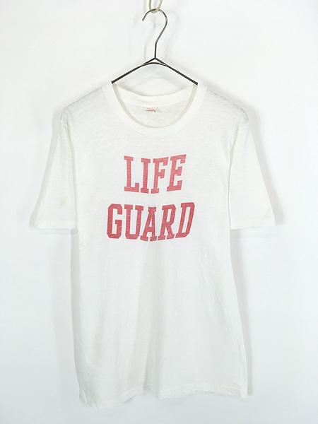 古着 70s USA製 Healthknit 「LIFE GUARD」 2段 染み込み 100% コットン Tシャツ M