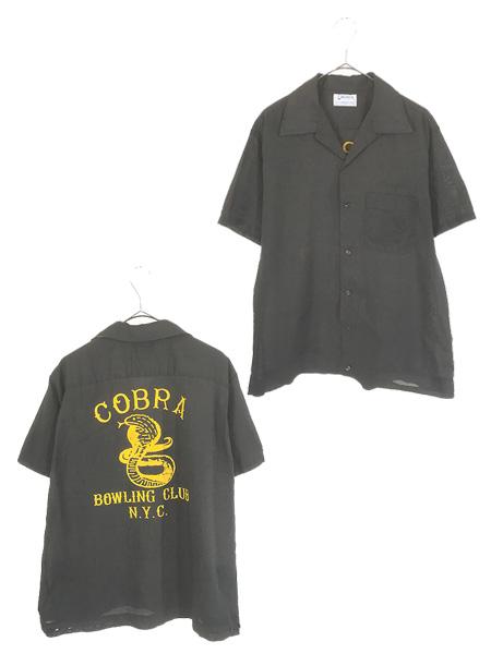 古着 70s USA製 Hilton 「COBRA BOWLING CLUB」 コットン ボウリング シャツ ブラック L