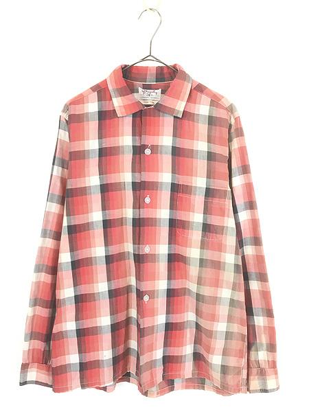 古着 50s Shapely 好配色 ブロック チェック 開襟 ボックス コットン シャツ M Tall