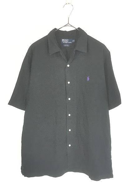 古着 90s Polo Ralph Lauren 「CALDWELL」 ワンポイント ソリッド 100% リネン 半袖 開襟 ボックス シャツ ブラック M 古着