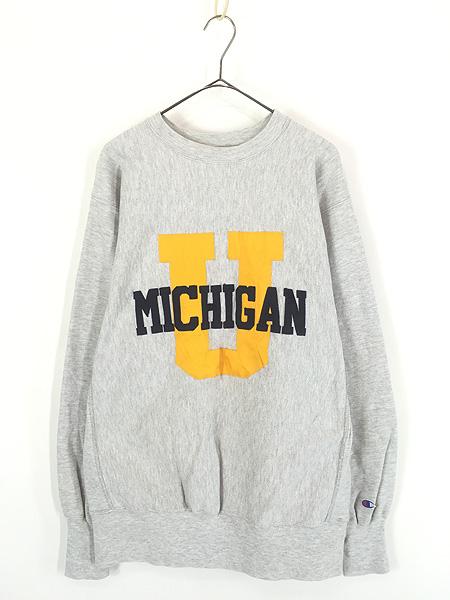 古着 90s USA製 Champion Reverse Weave 「MICHIGAN」 カレッジ ナイロン パッチ リバース スウェット XL 古着