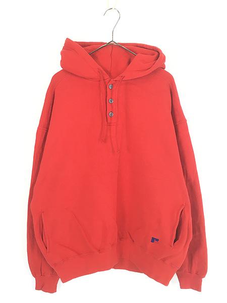 古着 90s USA製 Russell High Cotton ワンポイント ハーフボタン ヘビーウェイト スウェット パーカー レッド XL 古着