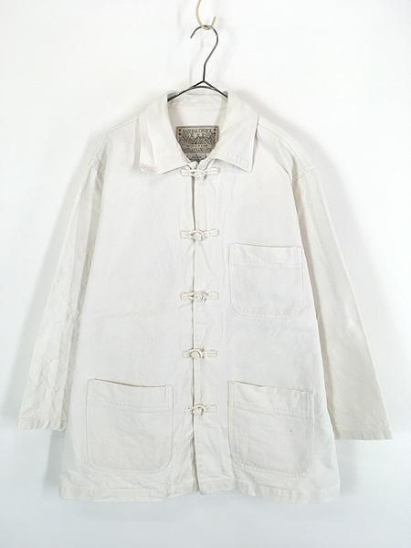 古着 90s Sostanza Work Wear ホワイト デニム チャイナ カンフー カバーオール ジャケット S
