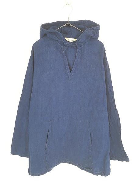 古着 Eddie Bauer 無地 ソリッド インディゴ ブルー リネン プルオーバー フーディー ジャケット XL 古着