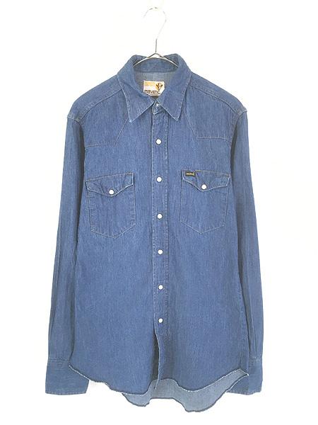 古着 70-80s USA製 Maverick 「Preshrunk Long Tails」100%コットン 濃紺 ブルー デニム ウエスタン シャツ 15