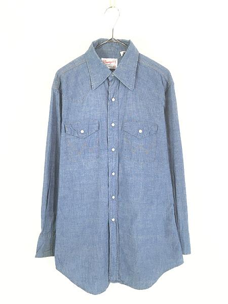 古着 70s USA製 Wrangler 36MW 100%コットン ブルー シャンブレー デニム ウエスタン シャツ 16
