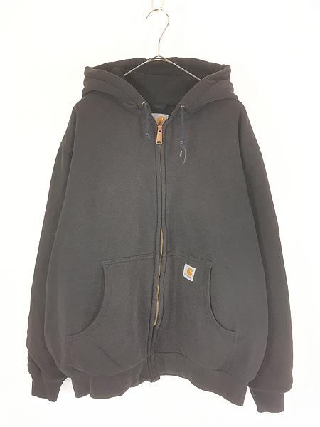 古着 90s- Carhartt 裏地 メッシュ ワンポイント 刺しゅう スウェット ジップ パーカー ブラック XL位