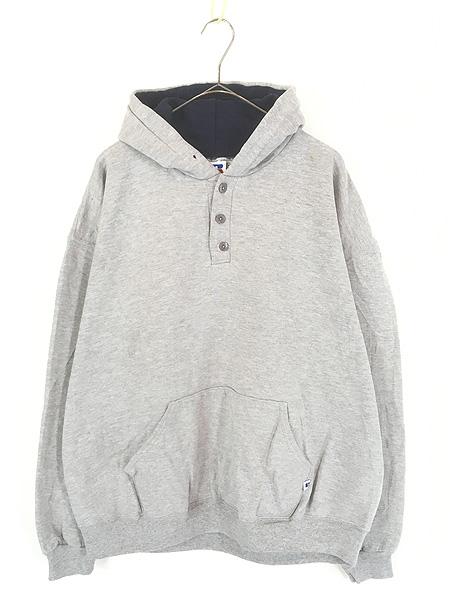 古着 90s USA製 Russell 無地 プレーン Wフェイス フード ハーフボタン スウェット パーカー グレー XXL