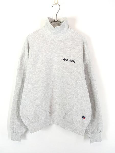 古着 90s USA製 Russell High Cotton 無地 ソリッド 前V ワンポイント タートルネック ヘビー スウェット トレーナー グレー XL