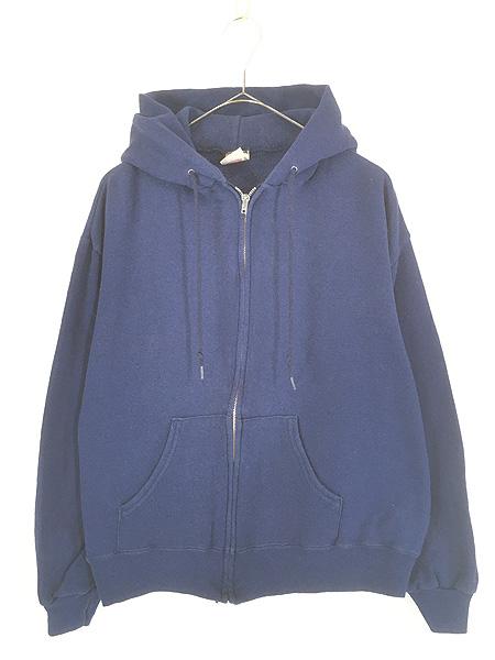 古着 80s USA製 BW 無地 ソリッド セットイン スウェット ジップ パーカー ネイビー XL