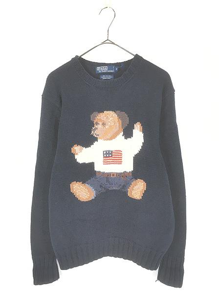 古着 90s Polo Ralph Lauren 「POLO BEAR」 希少!! テディベア コットン ハンドニット セーター S