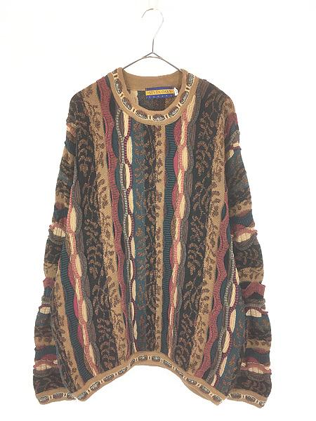 古着 90s 製 SEVEN OAKS 3D ランダム ストライプ コットン ニット セーター XL