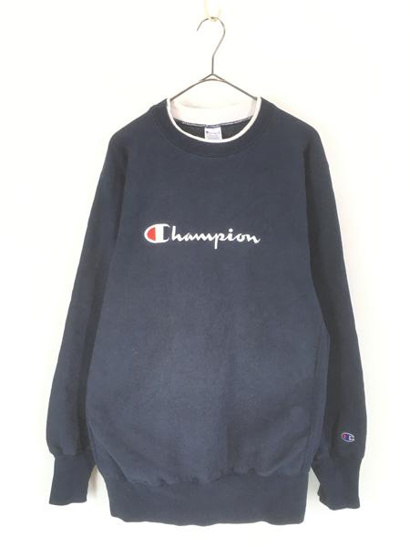 古着 90s USA製 Champion Reverse Weave BIG ロゴ Wネック リバース スウェット ネイビー XL