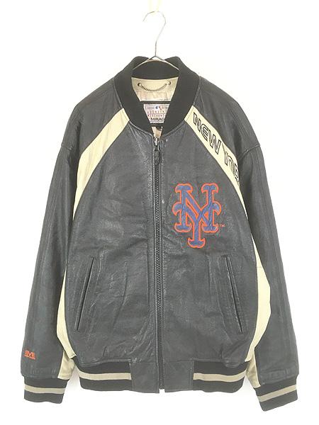 古着 90s MLB New York Mets メッツ 両面 刺しゅう パデット 本革 レザー スタジャン ジャケット L