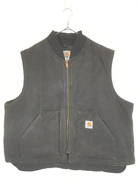 古着 90s USA製 Carhartt フェード ブラック ダック 首リブ 腰ゴム パデット ベスト 3XL