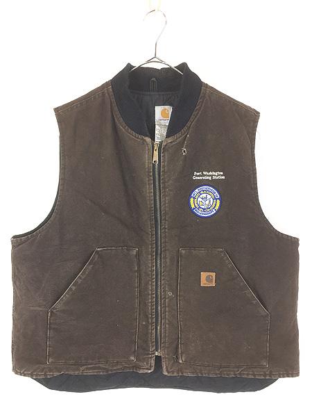 古着 00s Carhartt DKB ダークブラウン ダック 両面刺しゅう 首リブ パデット ベスト XXL