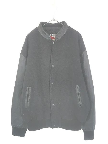 古着 90s 製  Sportswear 本革 レザー メルトン ウール スタジアム ジャケット スタジャン オールブラック XL