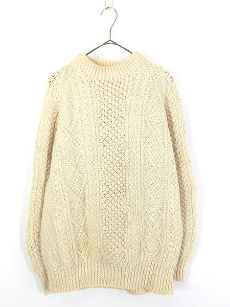古着 70s Ireland製 connemara handcrafts ポップコーン アラン フィッシャーマン ローゲージ ウール ハンド ニット セーター XL位