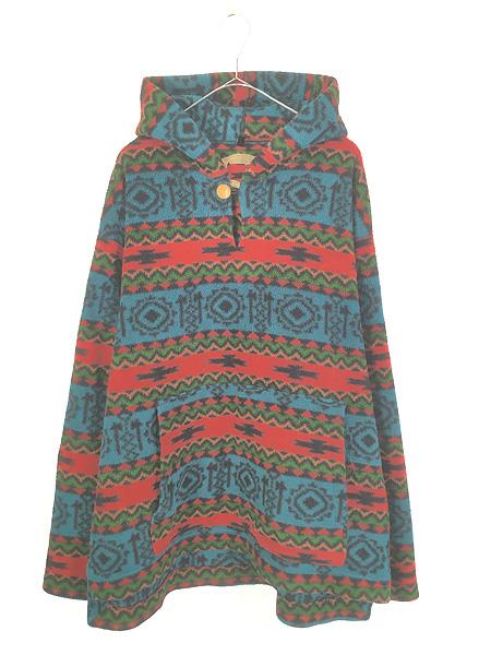 古着 90s USA製 WoolRich ネイティブ ボーダー フーデッド フリース パーカー ジャケット ドラポケ L