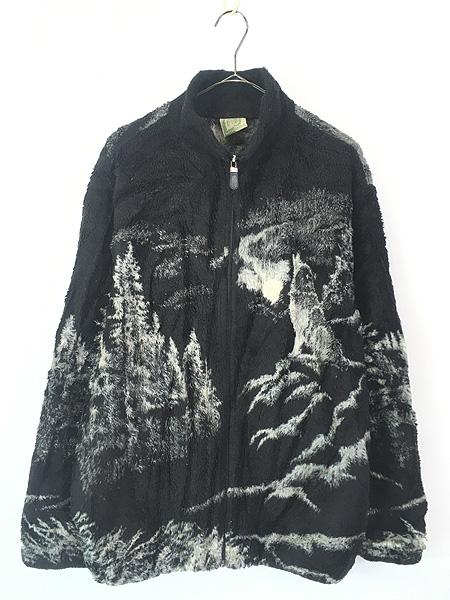 古着 90s USA製 Art Unlimited オオカミ ウルフ 総柄 ジップアップ フリース ジャケット M 古着