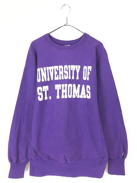 古着 90s USA製 Champion Reverse Weave 「ST.THOMAS」 2段 カレッジ リバース スウェット 紫 XL 古着