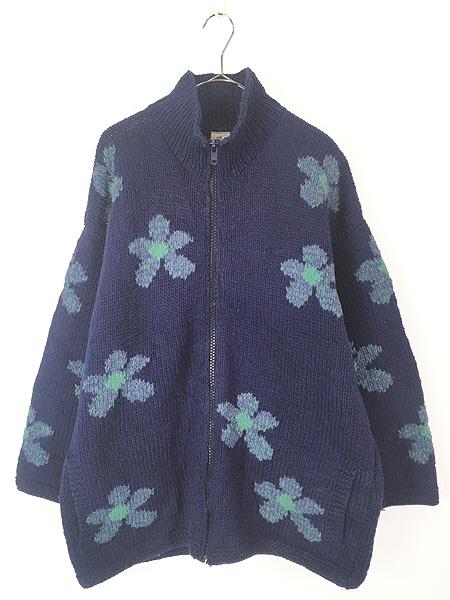 古着 エクアドル製 Las Americas フラワー モチーフ ハイネック ヘビー ウール ニット ジップ カーディガン XL位 古着