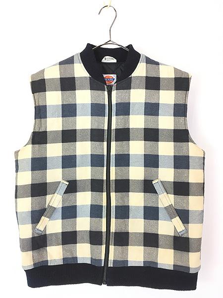 古着 80s Dickies ブラック × ブルー × ホワイト ブロック チェック パデッド コットン ワーク ベスト L