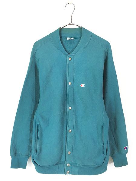 古着 90s USA製 Champion Reverse Weave ワンポイント リバース ウィーブ スナップ カーディガン ターコイズ M 古着