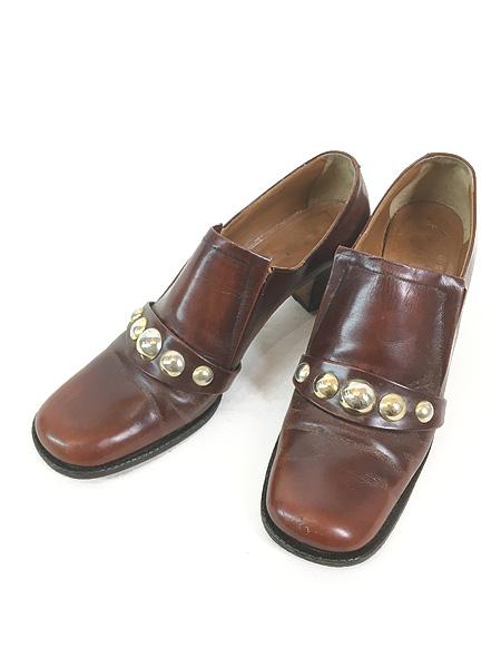 雑貨 古着 80s Italy製 Amalfi ゴールド スタッズ 本革 レザー スクエアトゥ パンプス ヒール シューズ 靴 23cm位 古着