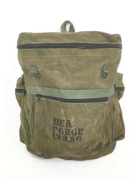 雑貨 古着 80s- 「USA FORCE 123.56」 ステンシル コットン キャンバス リュックサック バッグ オリーブ 古着