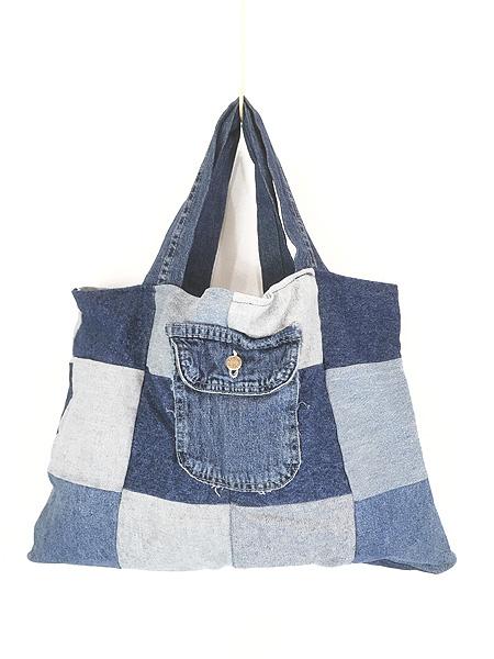 雑貨 古着 90s 濃紺 ブルー デニム ハンドメイド パッチワーク トート バッグ 古着