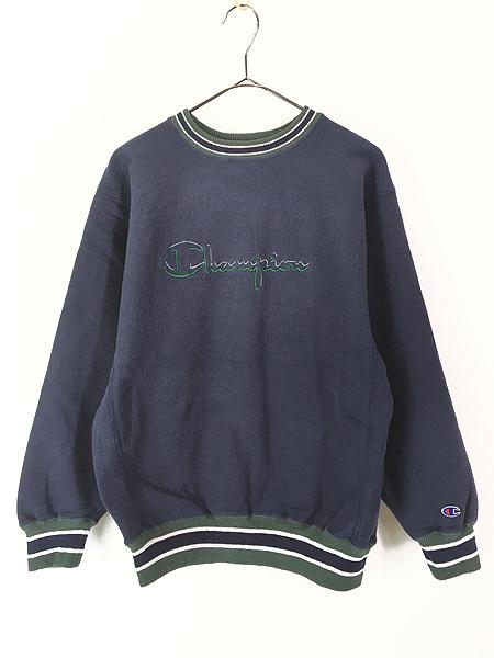 古着 90s USA製 Champion Reverse Weave BIG ロゴ リブライン リバース スウェット 紺 L 古着