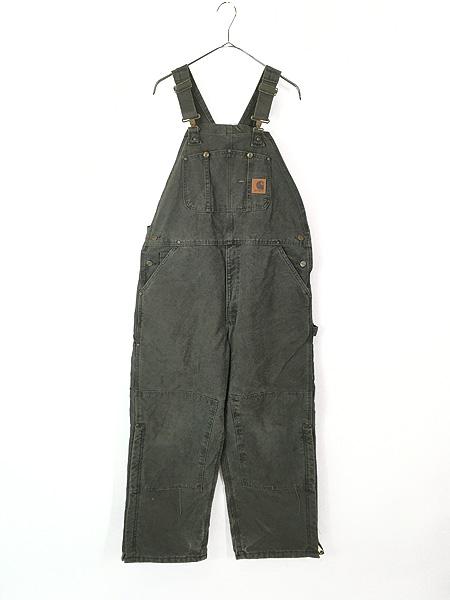 古着 00s Carhartt 防寒 パデット MOS モスグリーン ダック Wニー ワーク オーバーオール W39 L28 古着