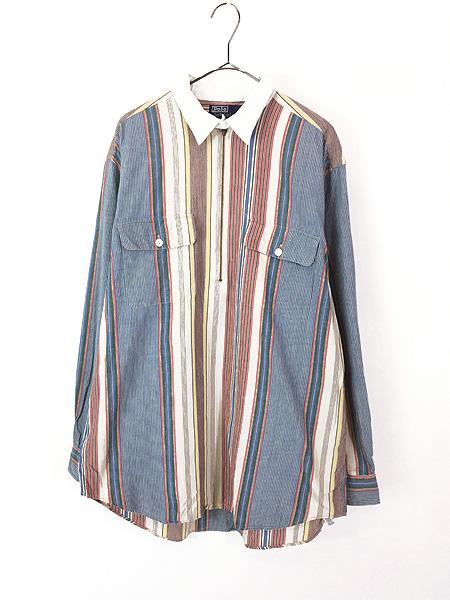 古着 90s Polo Ralph Lauren チンストラップ マルチ ストライプ ハーフジップ プルオーバー シャツ L 古着
