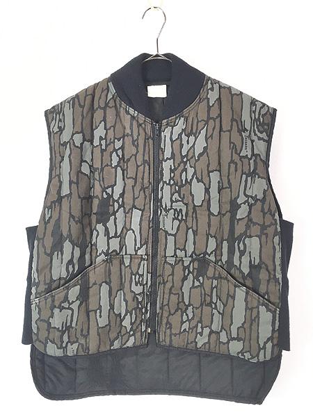 古着 80s USA製 Refrigi Wear 「TREBARK」 リアルツリー カモ 迷彩 首リブ パデッド コットンツイル アウトドア ベスト XL