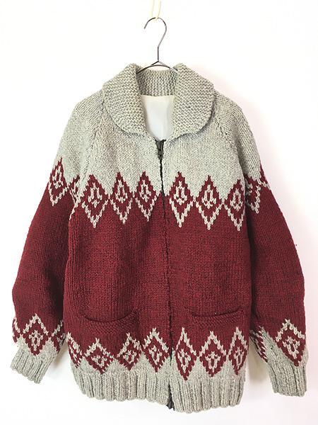 古着 70s 2tone ショールカラー ローゲージ ウール ニット カウチン カーディガン ジャケット XL位