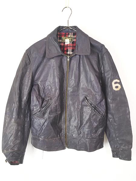 古着 60s 製 Tom Munro チェック ネル ライナー 本革 パープル レザー スポーツ ジャケット 40