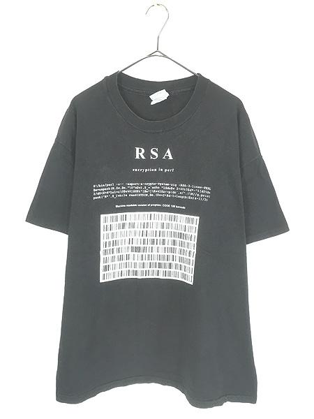 古着 90s USA製 RSA 「Encryption in PERL」 RSA暗号 軍事 プライバシー バーコード メッセージ Tシャツ XL